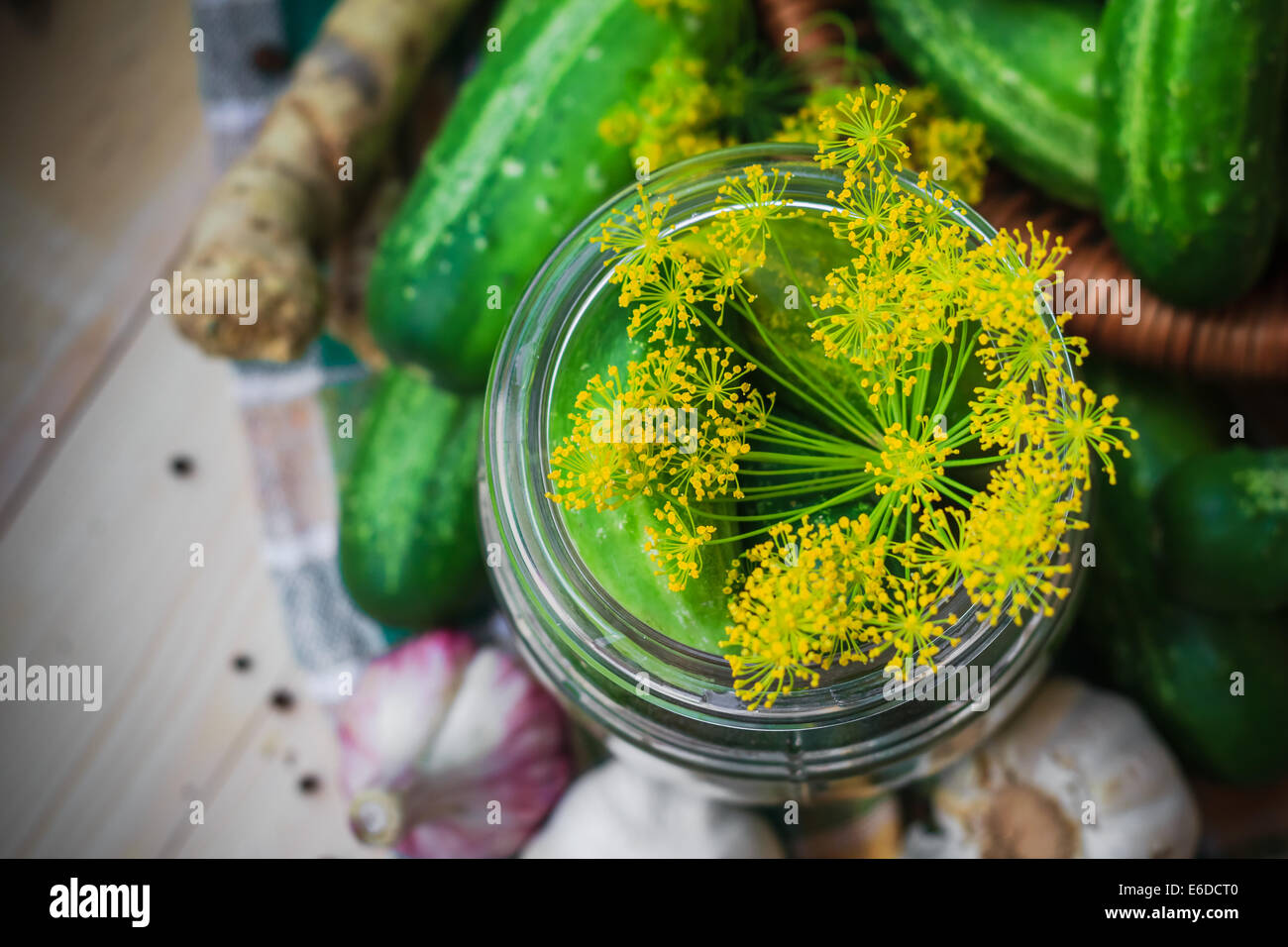 Top view of a jar of pickles and other ingredients for pickling Stock ...