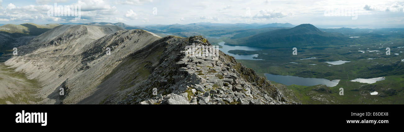 Panorama from the summit ridge of Arkle, Sutherland, Scotland, UK. Loch ...