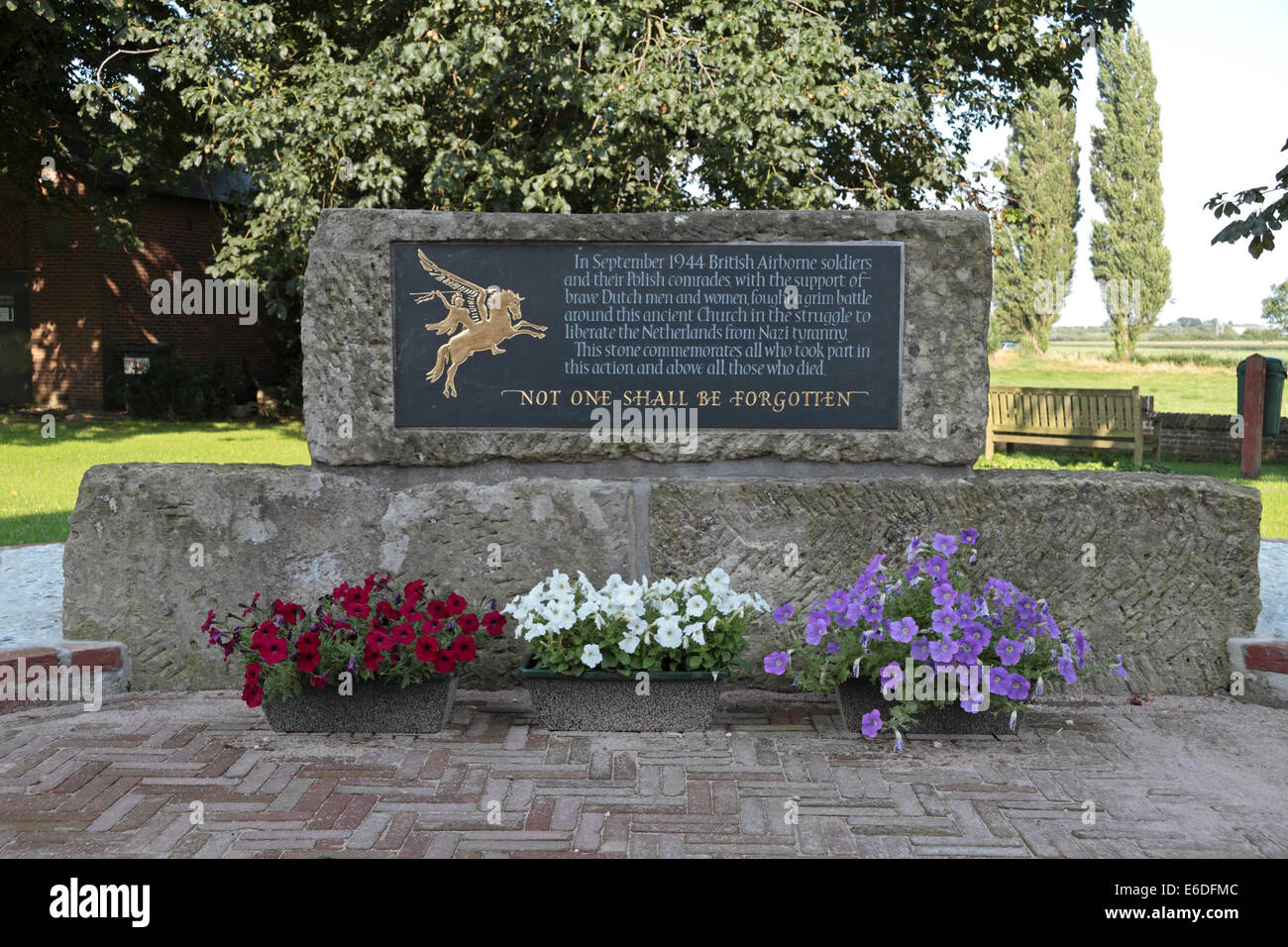 Memorial seat in the grounds of Oosterbeck (Lonsdale) Church, nr Arnhem ...