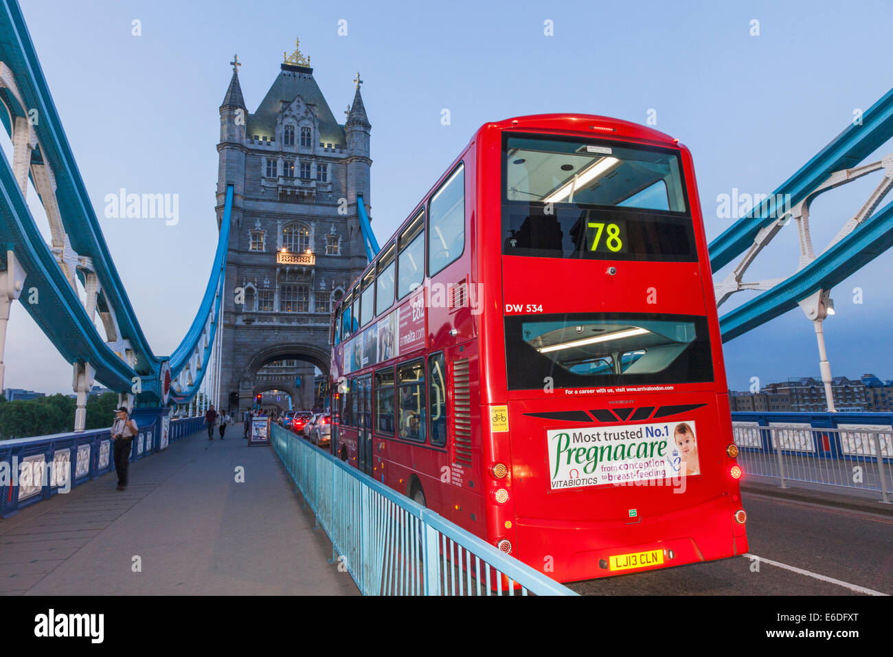 England, London, Tower Bridge and Double Decker Bus Stock Photo - Alamy