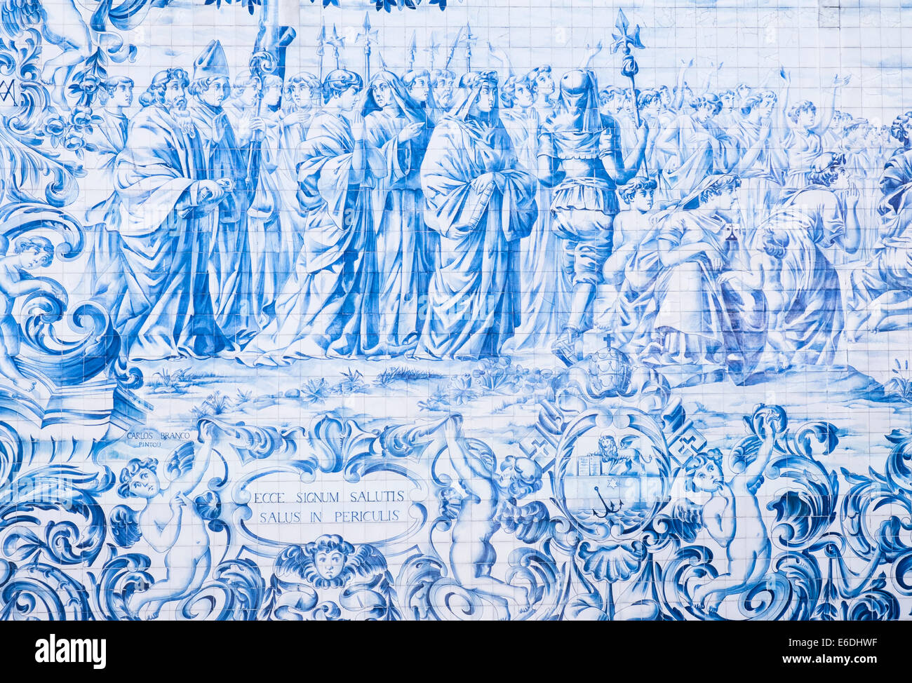 Blue tile azulejos painting depicting a religious scene on exterior ...