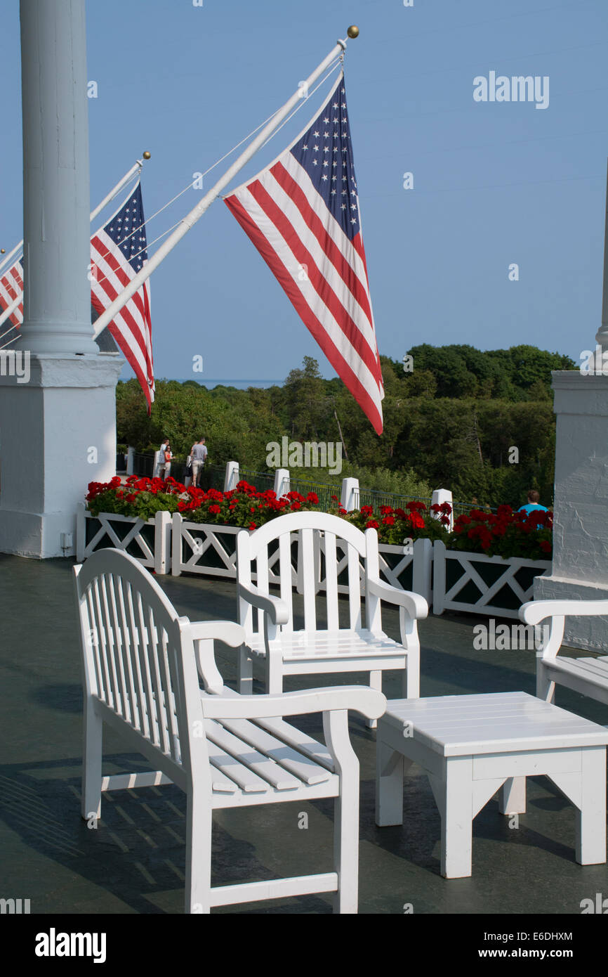 Michigan, Mackinac Island. Historic Grand Hotel veranda with white ...