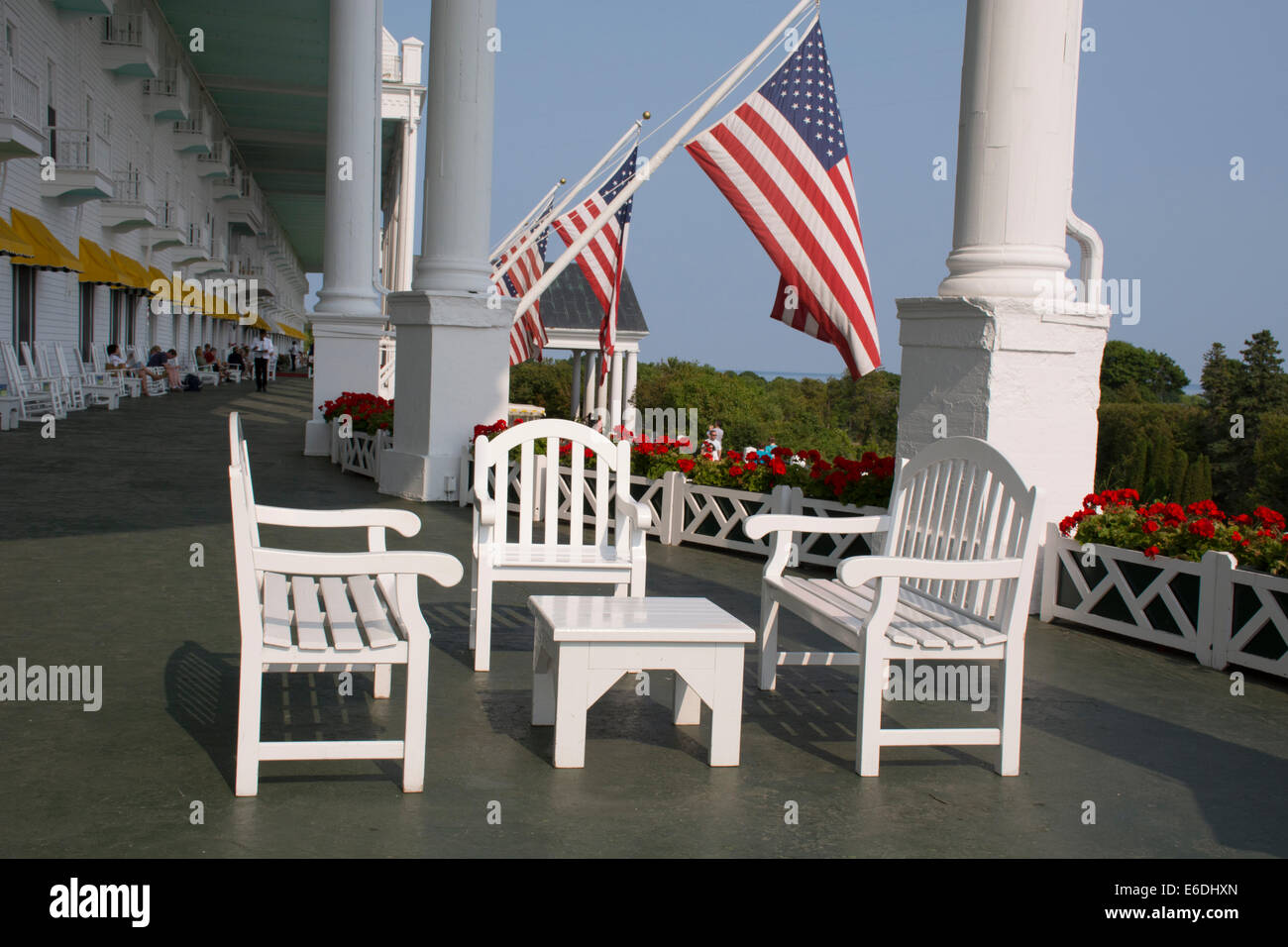 Michigan, Mackinac Island. Historic Grand Hotel veranda with white ...