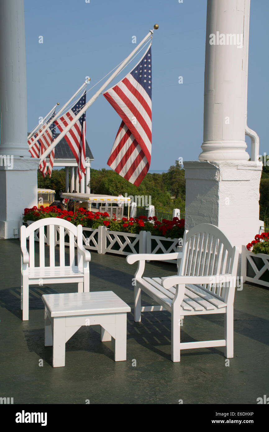 Michigan, Mackinac Island. Historic Grand Hotel veranda with white ...