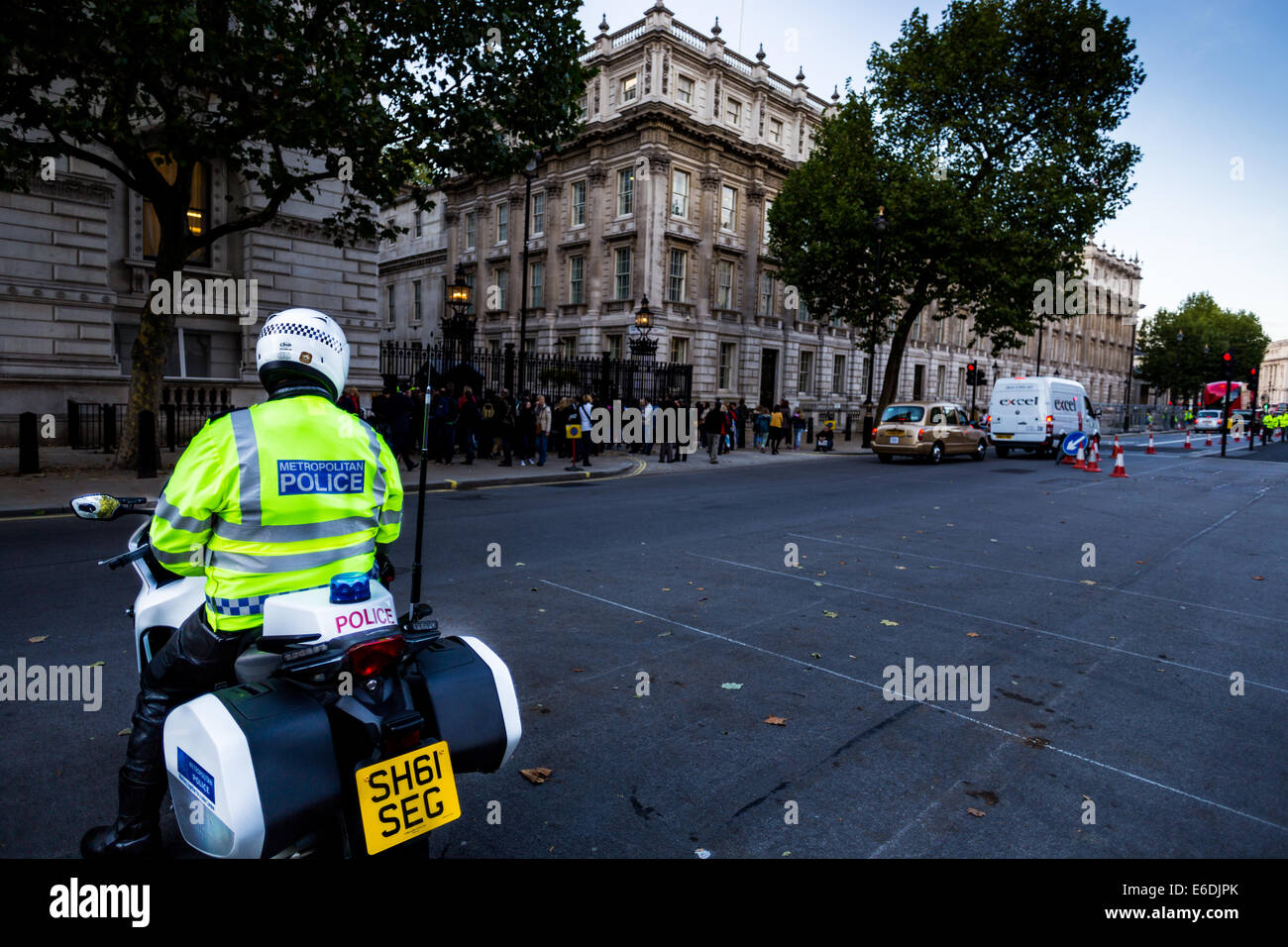 Police motorcyclist of the Metropolitan Police in London stands ready ...