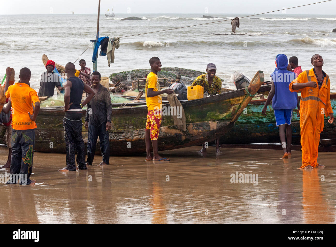 Fishermen at Winneba, fishing village on the Gulf of Guinea, near Accra ...