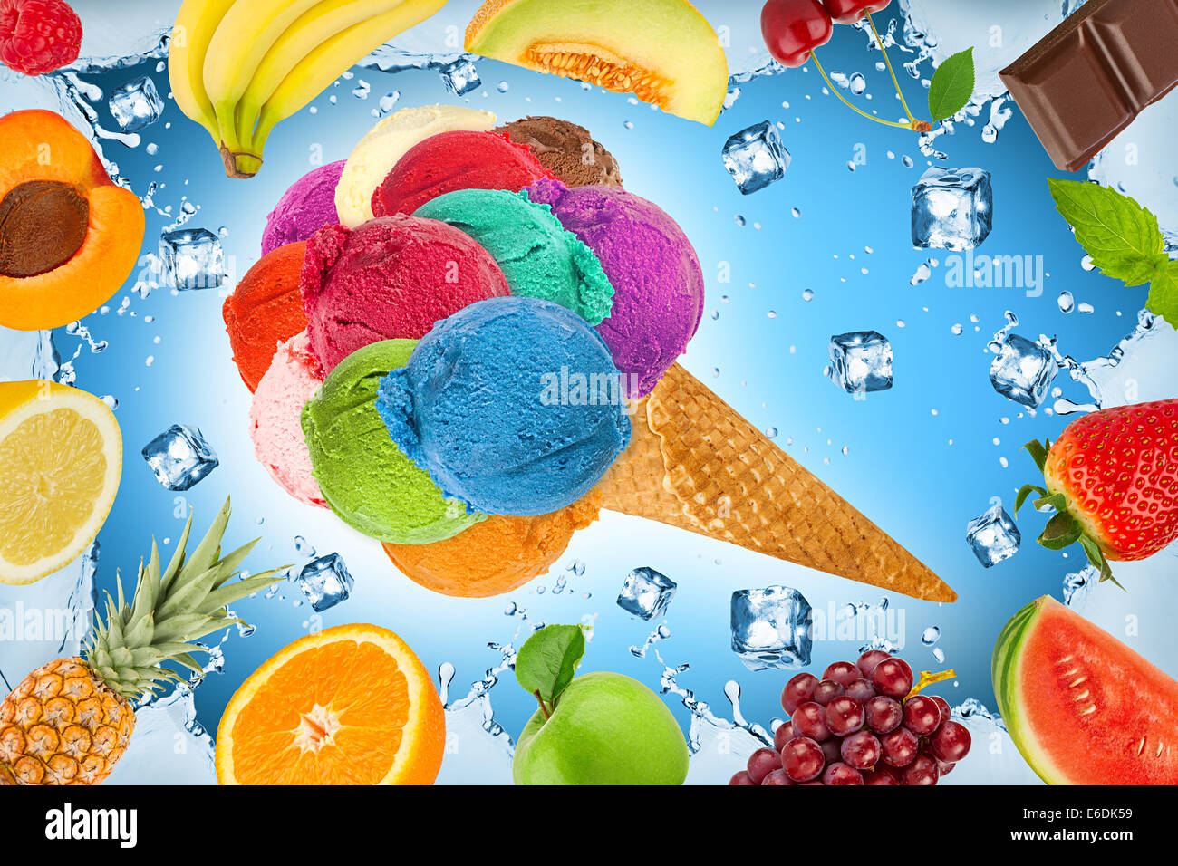 ice cream concept with ice cubes and fruits Stock Photo - Alamy