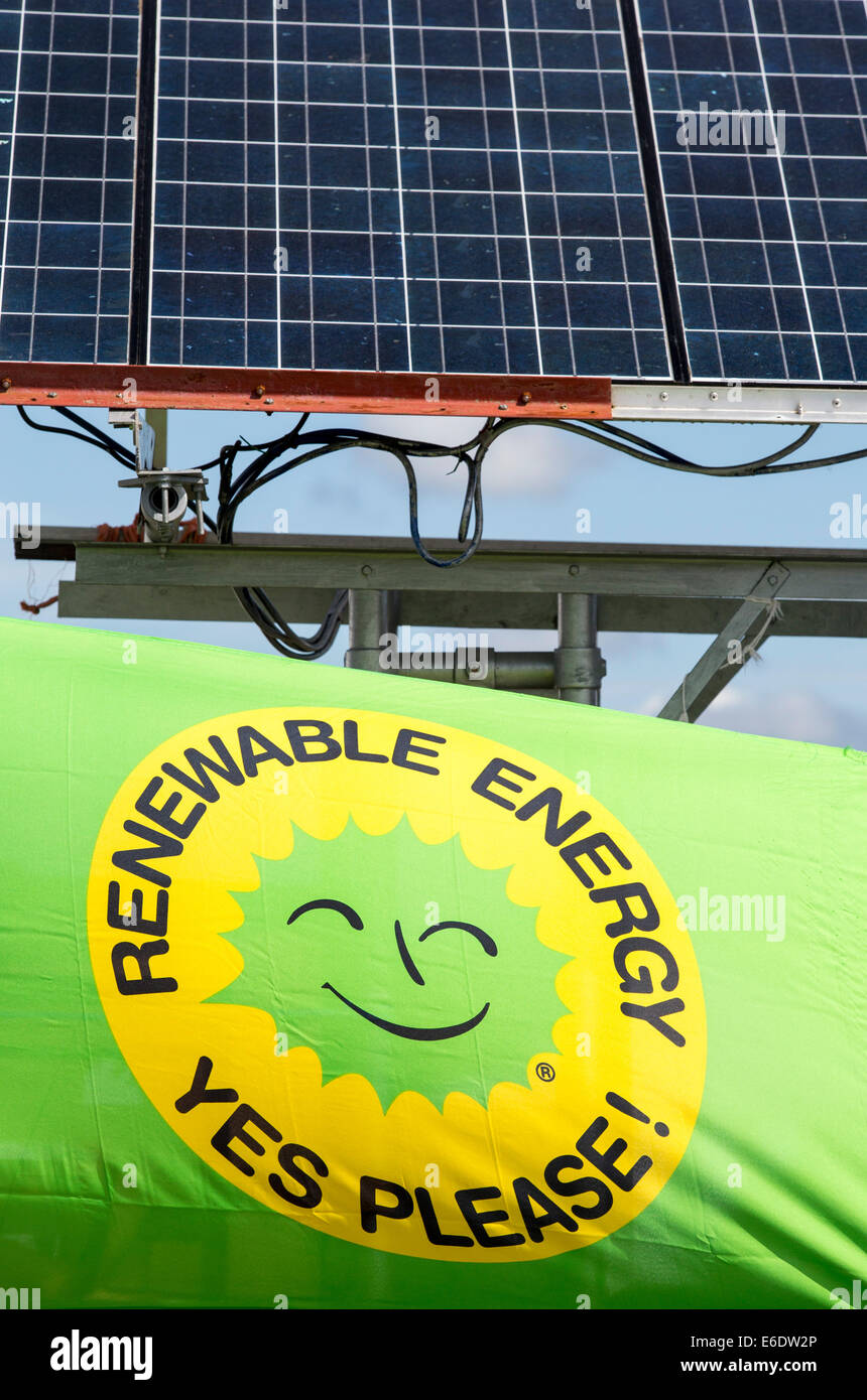 A truck with solar panels attached at a protest against fracking at a ...