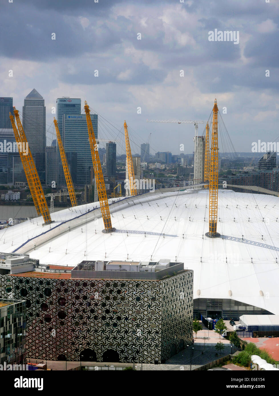 Aerial view of London Docklands and O2 arena from an Emirates Sky Train ...