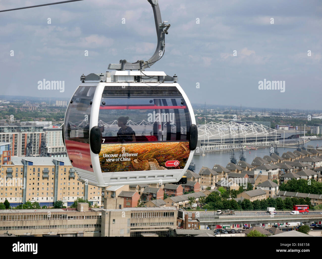 Aerial view of London Docklands from an Emirates Sky Train gondola car ...