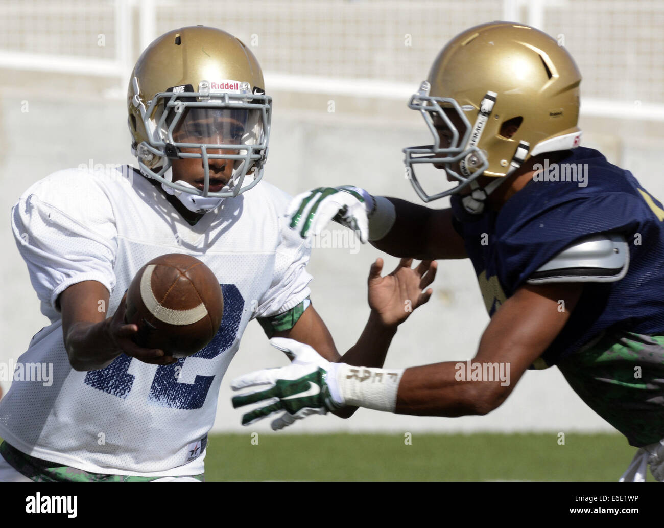 USA. 21st Aug, 2014. Atrisco Heritage quarterback Aaron Bean hands off ...