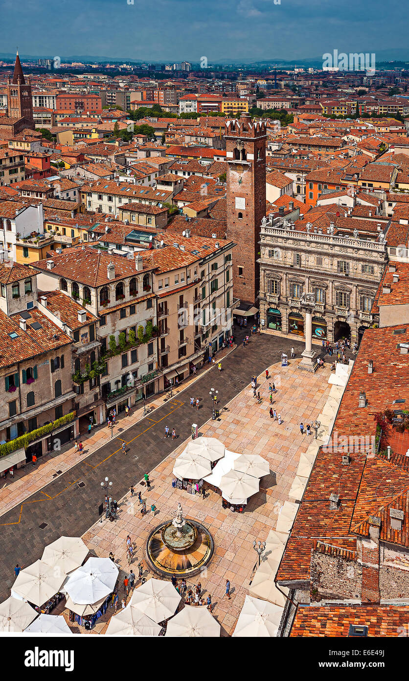 Italy Veneto Verona Piazza delle Erbe veduta,Palazzo Maffei and Torre ...