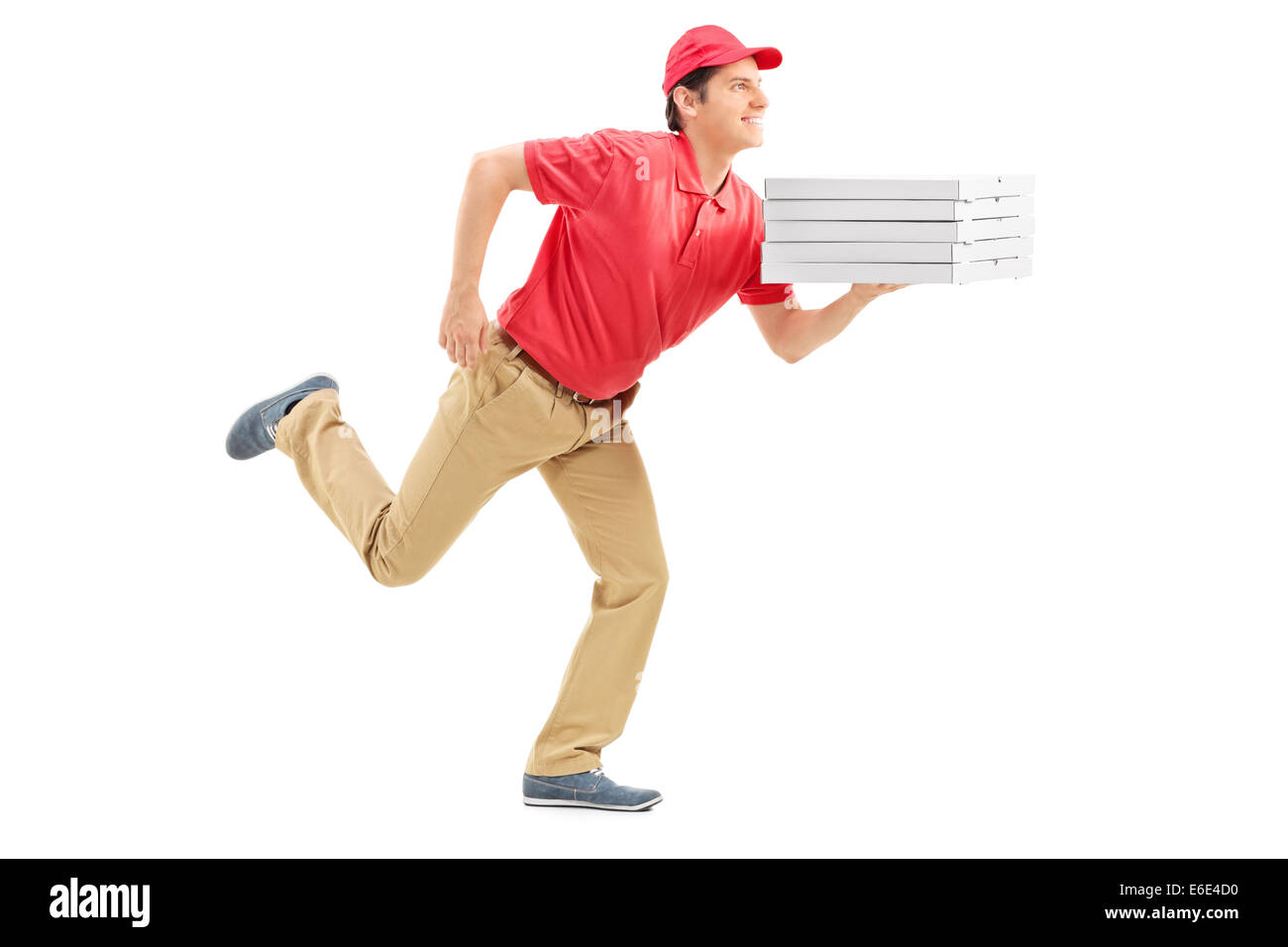 Profile shot of a pizza delivery guy running Stock Photo - Alamy