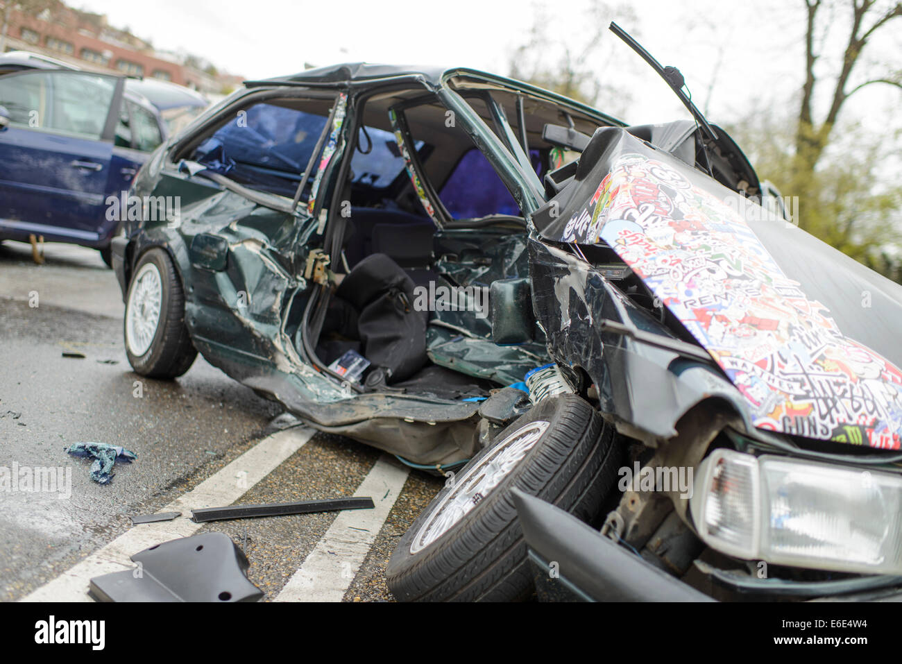 Serious accident, wreck of a VW Polo in the street, B14 road at ...