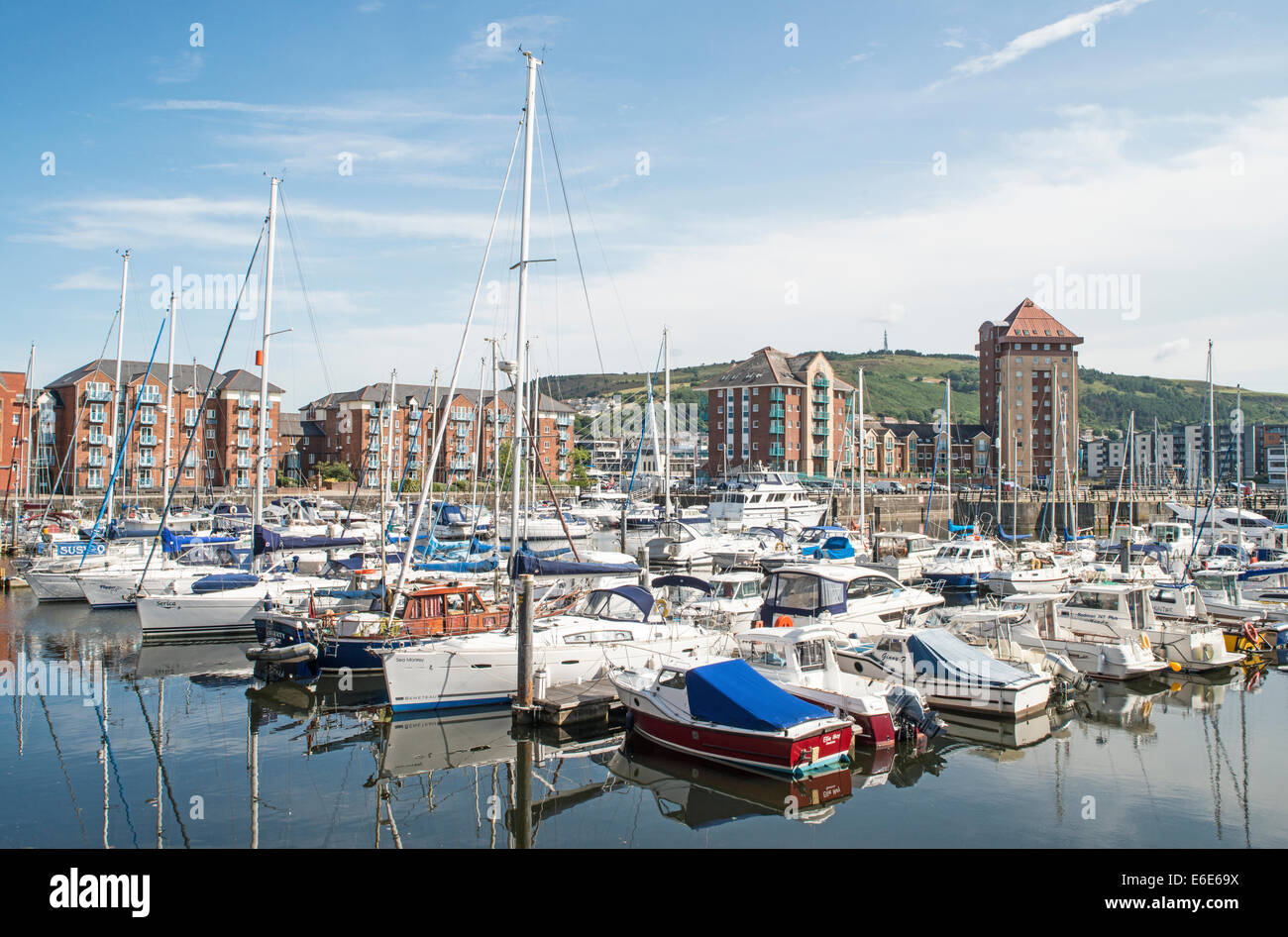 Swansea Marina in south Wales on a bright and sunny summer day with ...