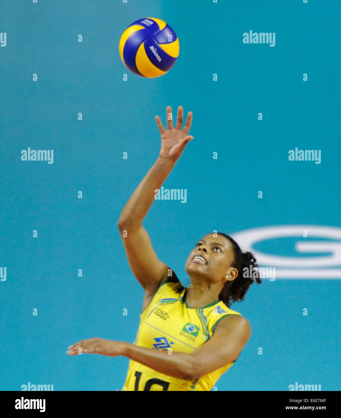 Tokyo, Japan. 22nd Aug, 2014. Fernanda Rodrigues of Brazil spikes the ...