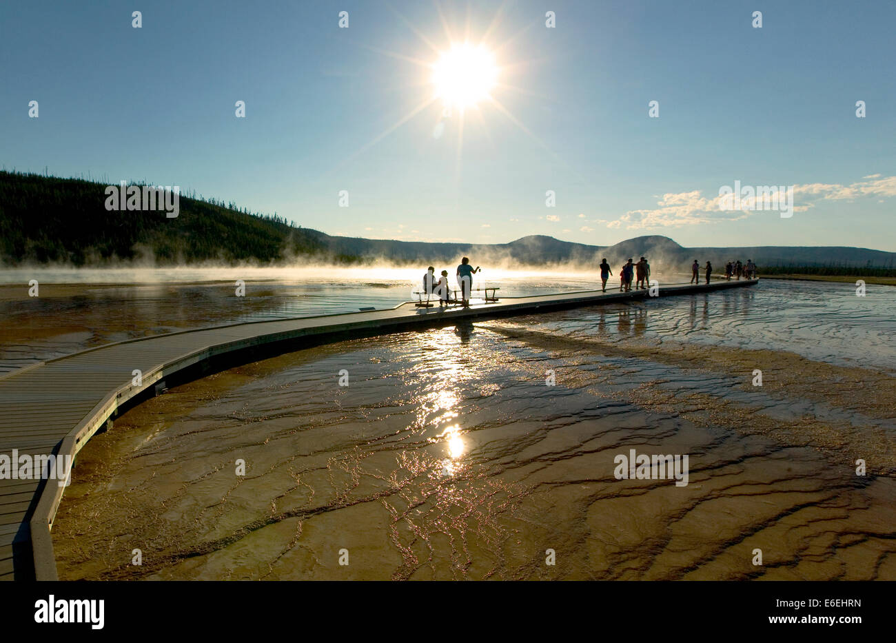 People and tourist on walkways in Old Faithful area at Yellowstone ...