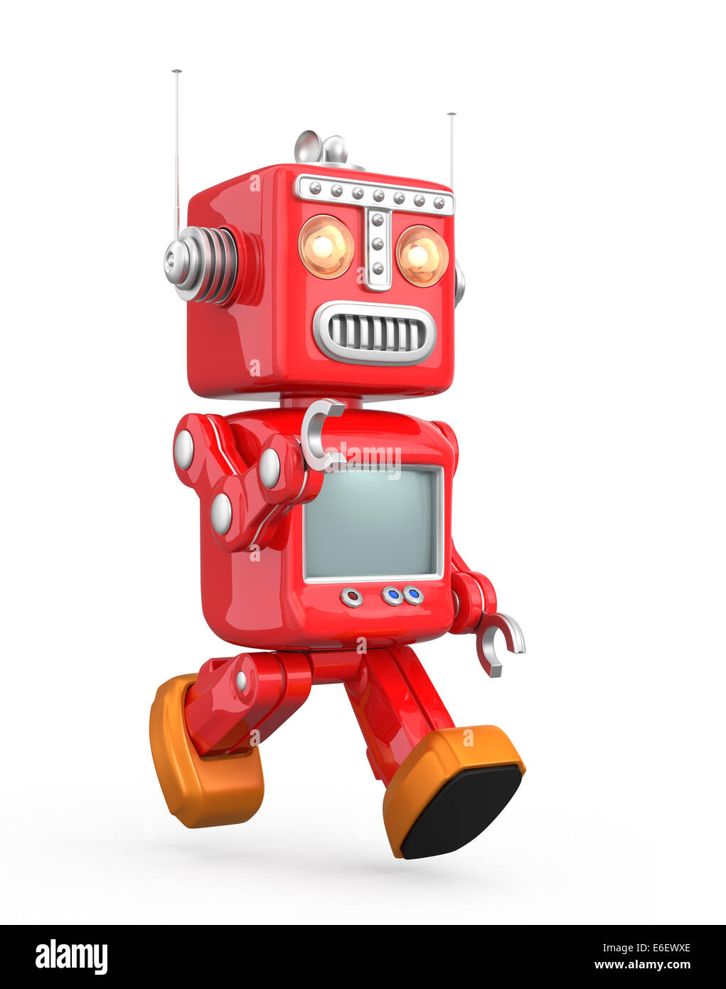 Running red vintage robot isolated on white background Stock Photo - Alamy