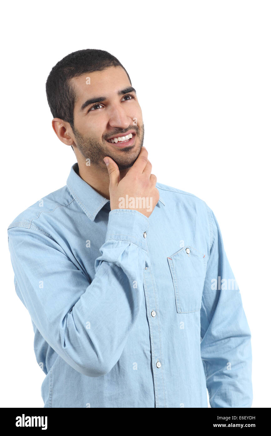 Arab man thinking ideas and looking at side isolated on a white ...