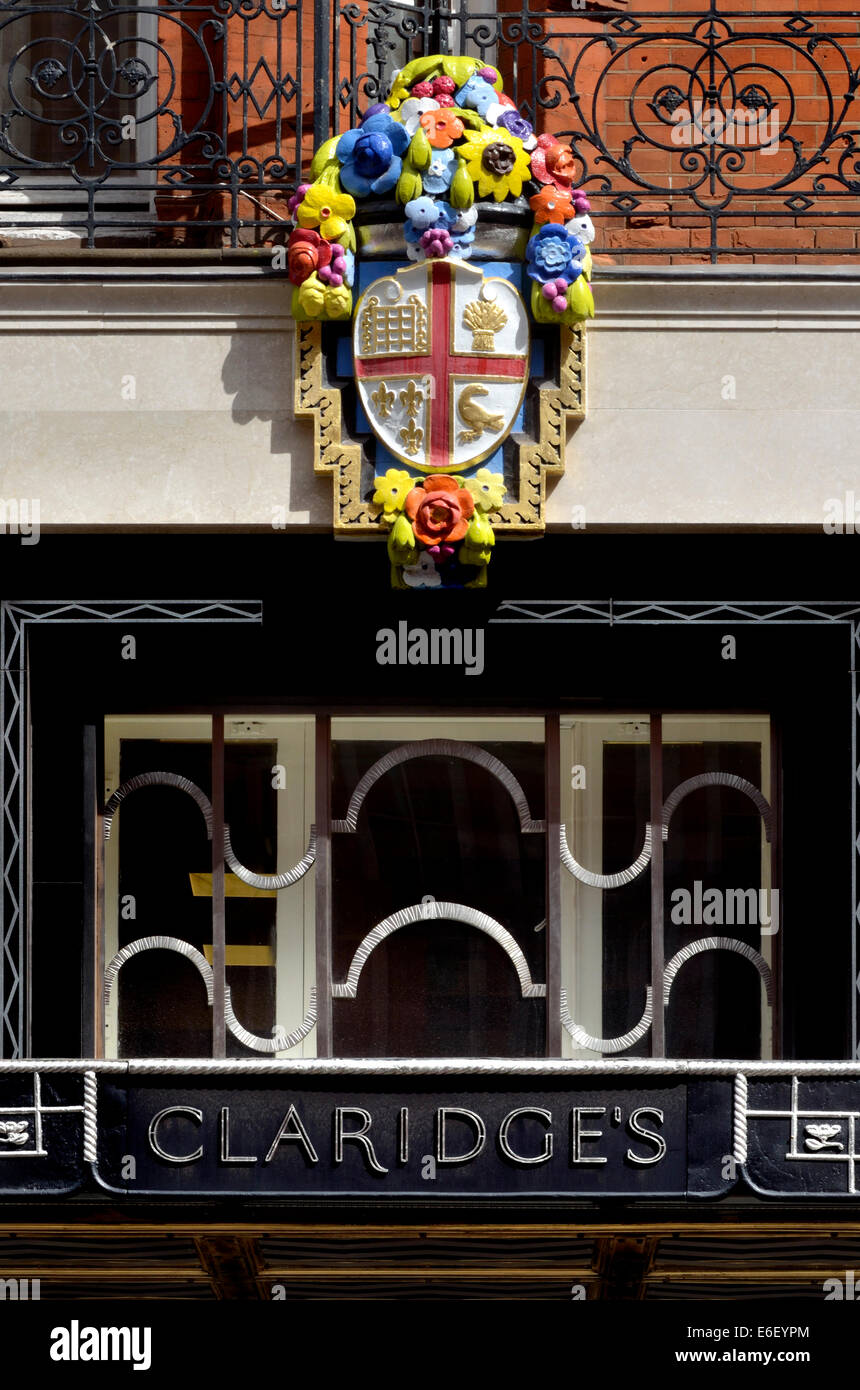London, England, UK. Claridge's Hotel, Mayfair. Detail above the ...