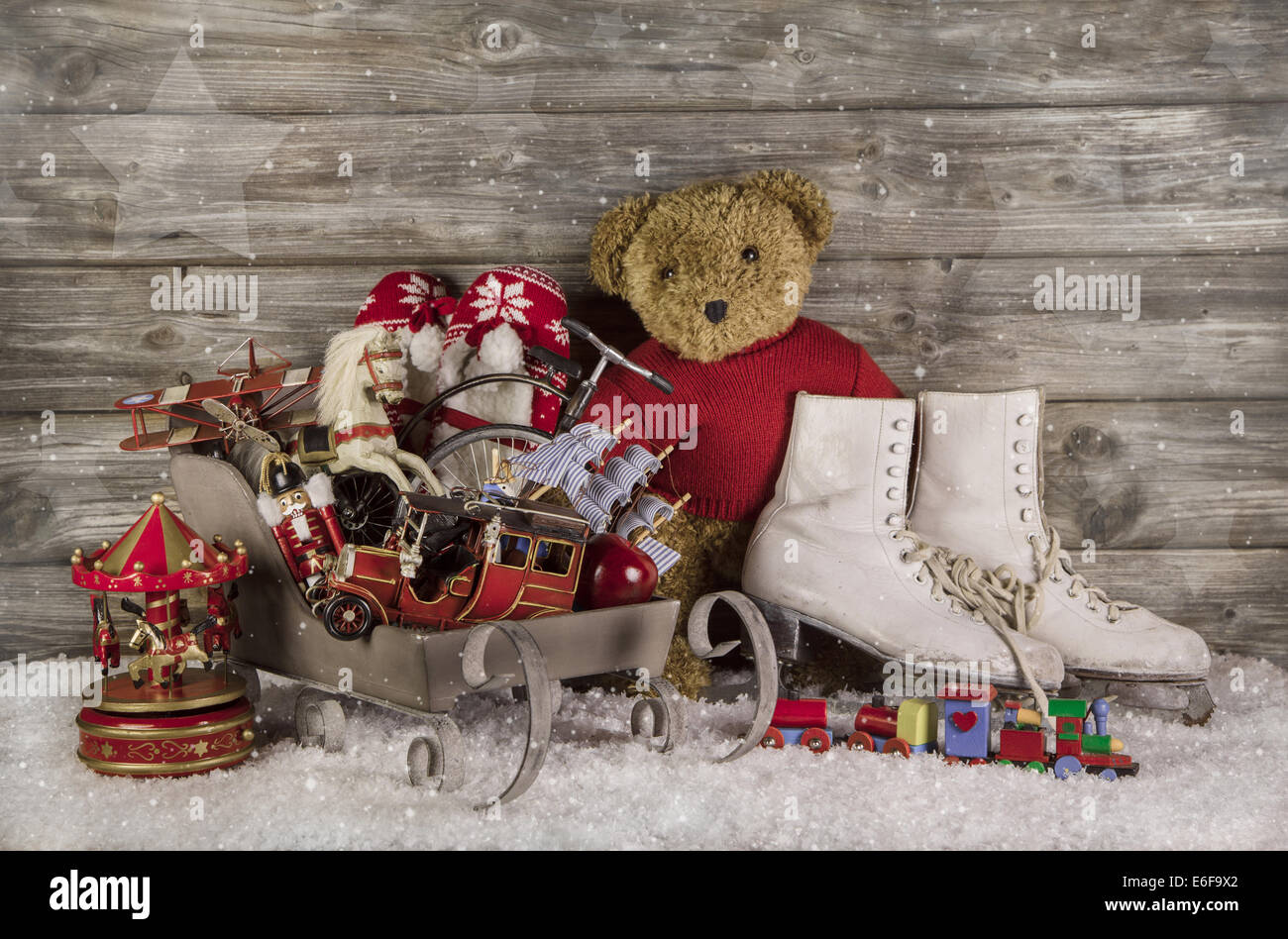 Old children toys on wooden background for christmas decoration in ...