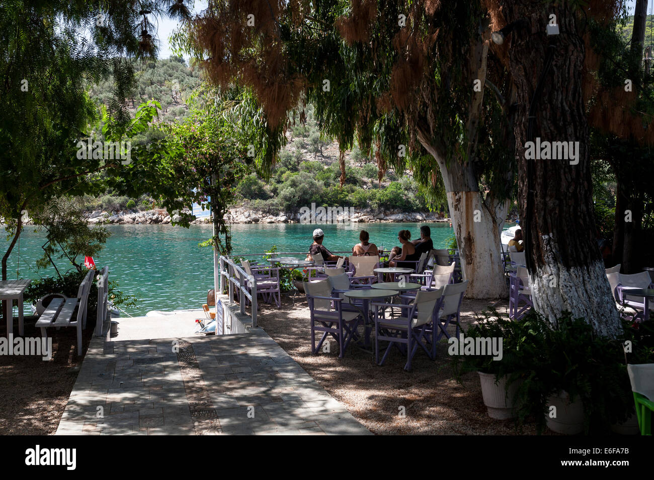 Cafe shop at the pier of Steni Vala village in Alonnisos, Greece on ...