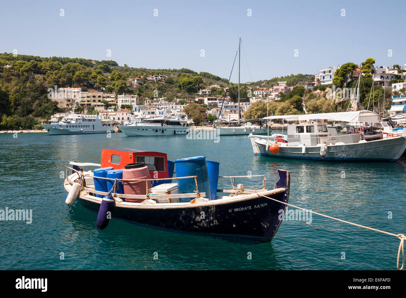 Boats at the port of Alonnisos island, Patitiri on August 2014 Stock ...