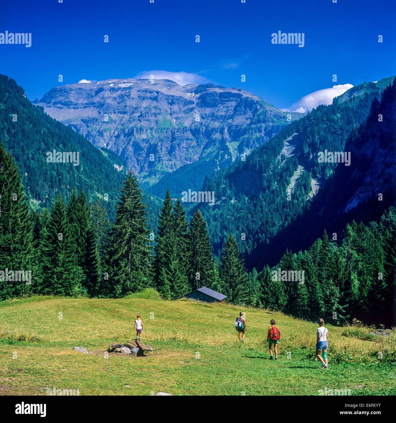 Mountain hikers Morzine Savoy Haute-Savoie French Alps France Europe ...