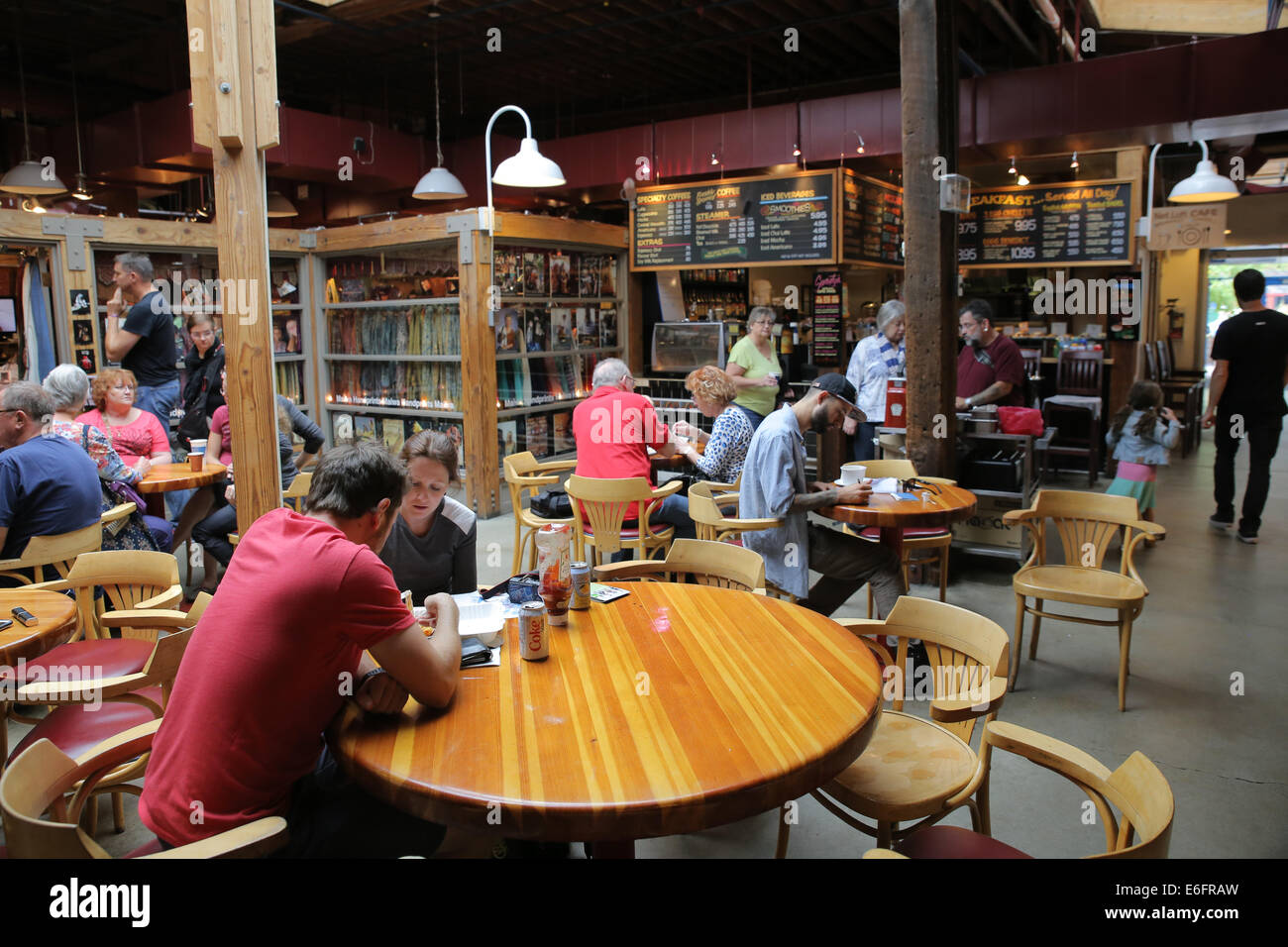 people sit down table morning coffee inside food court Stock Photo - Alamy