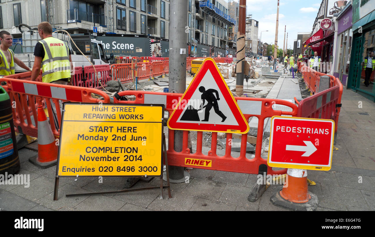 Roadworks signs on Walthamstow High Street Waltham Forest East London ...