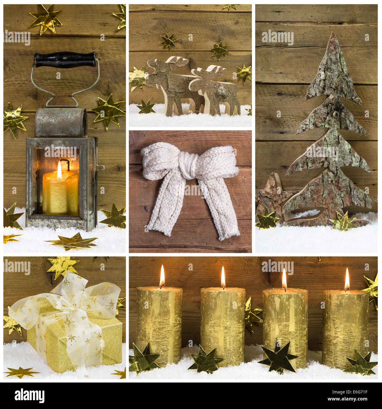 Natural christmas decoration with wood, snow and golden objects Stock ...