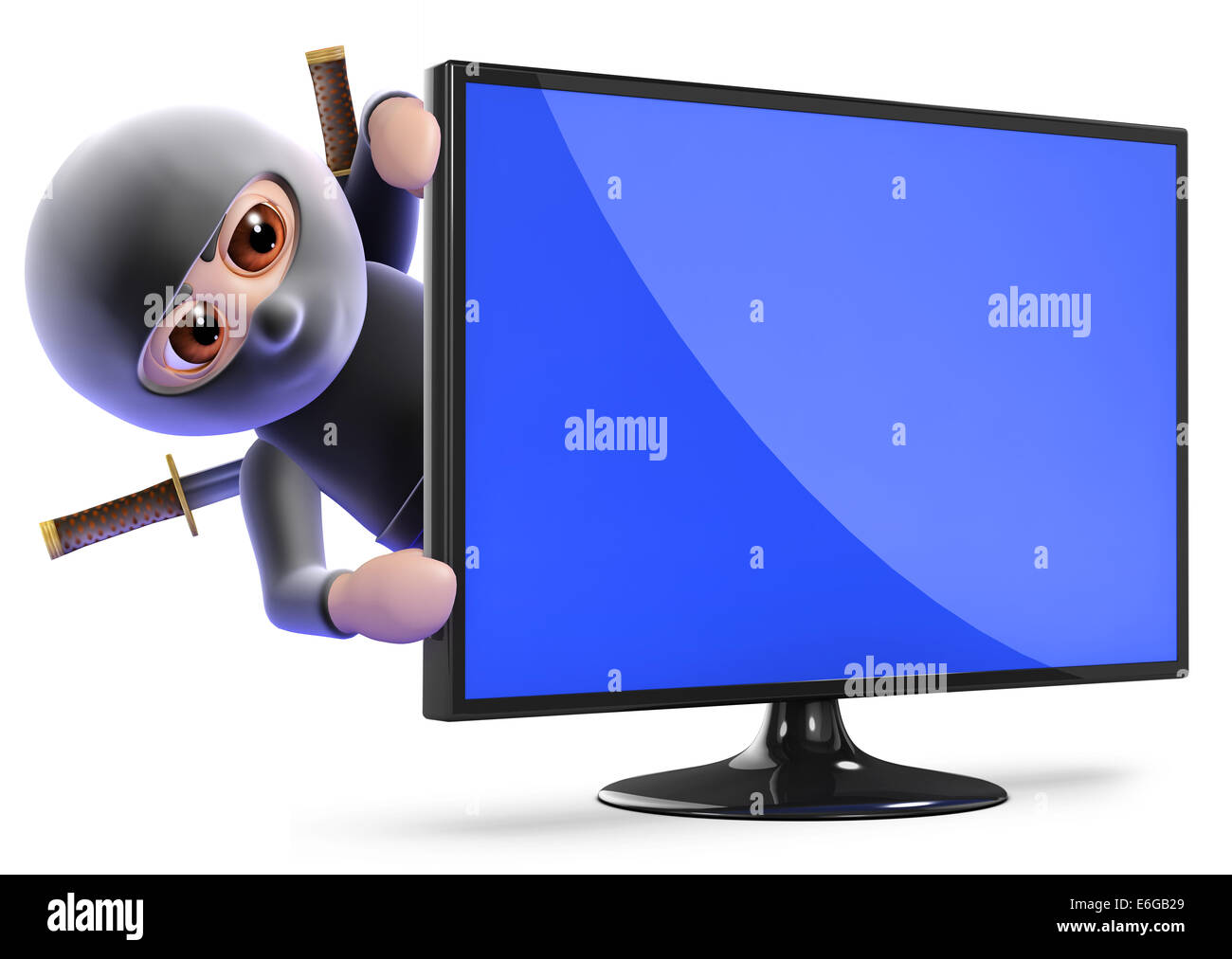 3d render of a ninja hiding behind a flatscreen lcd tv monitor Stock ...
