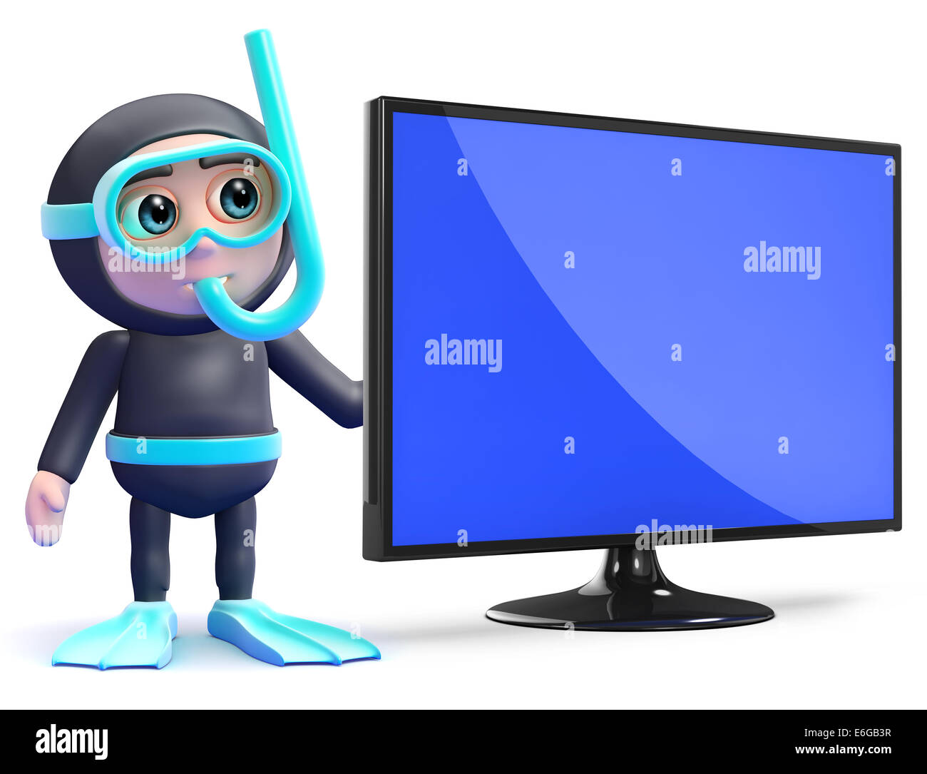 3d render of a snorkel diver next to a flatscreen lcd television ...