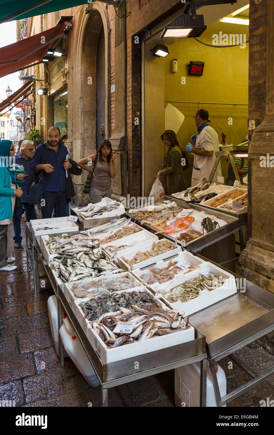 Fishmonger on Via Drapperie in the historic Quadrilatero market ...