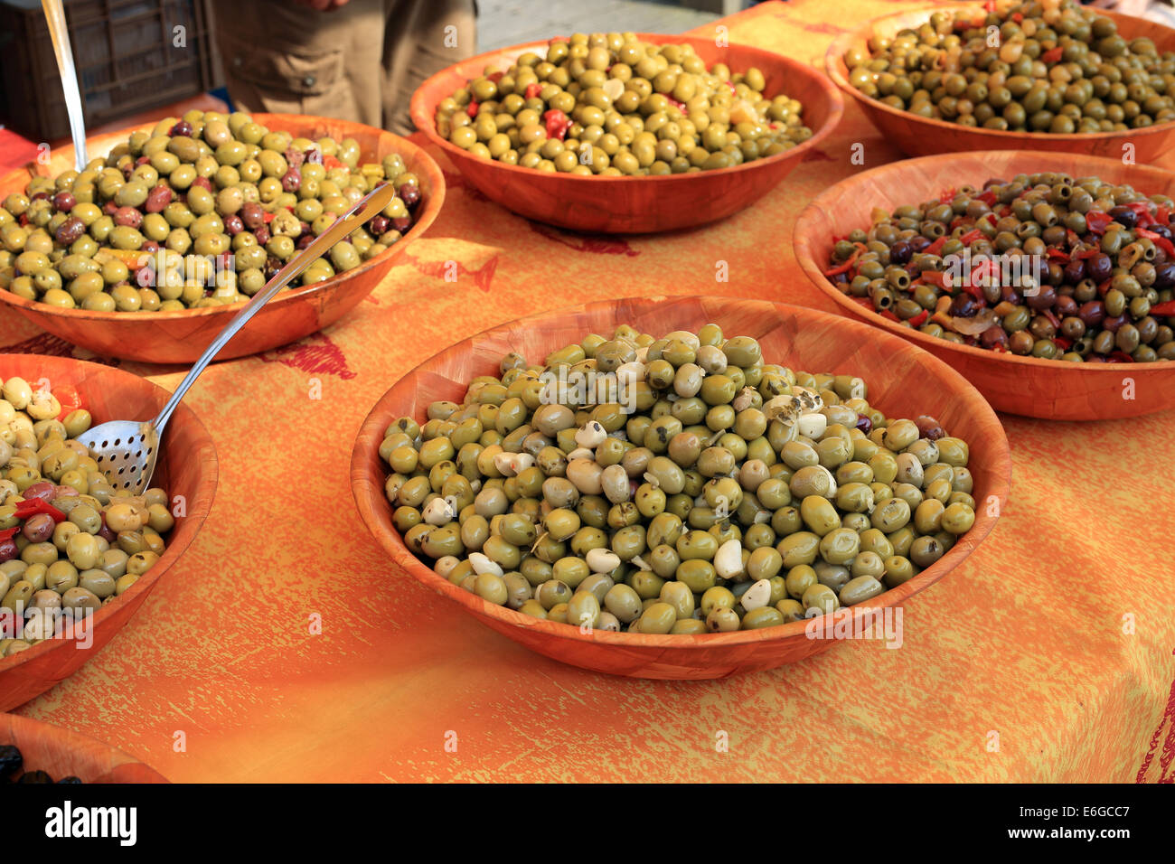Olives display on market stall, Place des pilotes, St Valery sur Somme ...