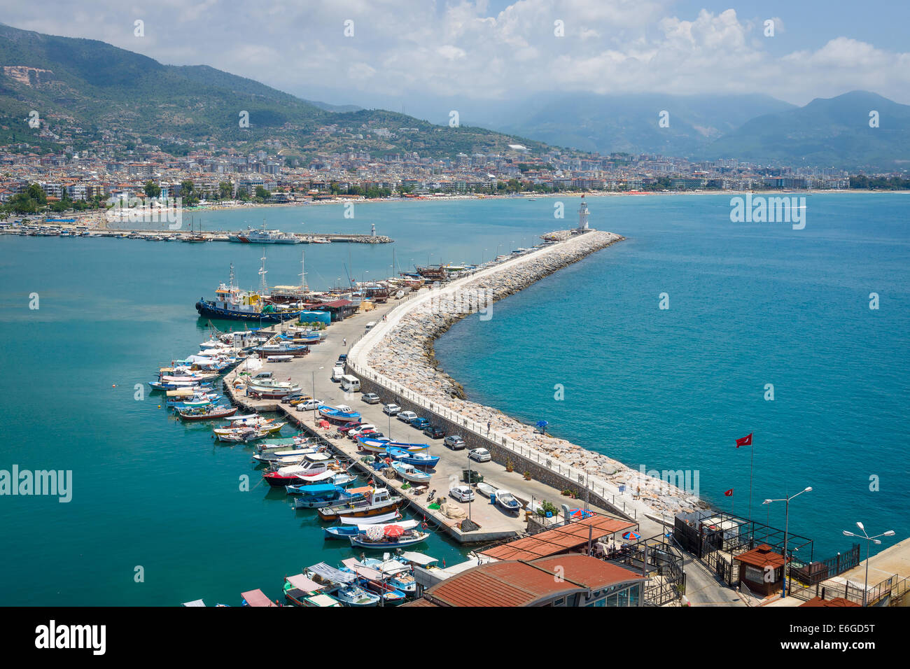 ALANYA, TURKEY - JUNE 22, 2014: Sea port of Alanya. View from the bird ...