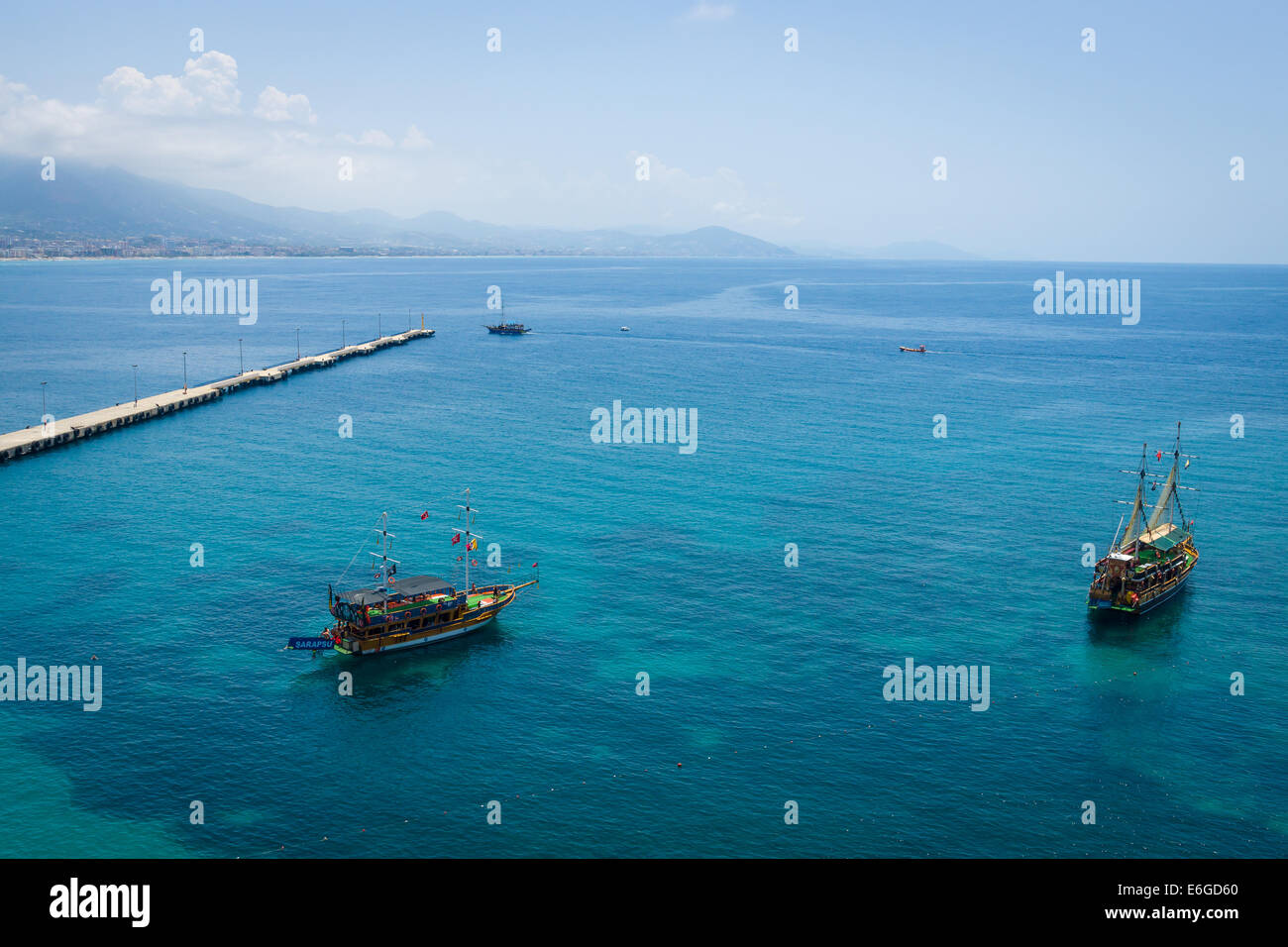 ALANYA, TURKEY - JUNE 22, 2014: Sea port of Alanya. View from the bird ...