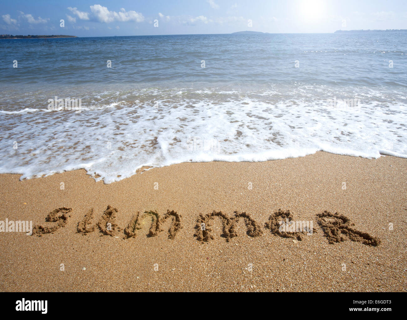"Summer" written in the sand on the beach with blue waves in the ...