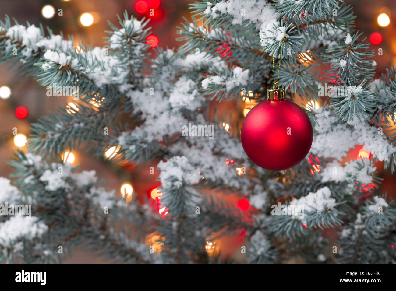 Closeup horizontal image of a single red Christmas ornament hanging ...