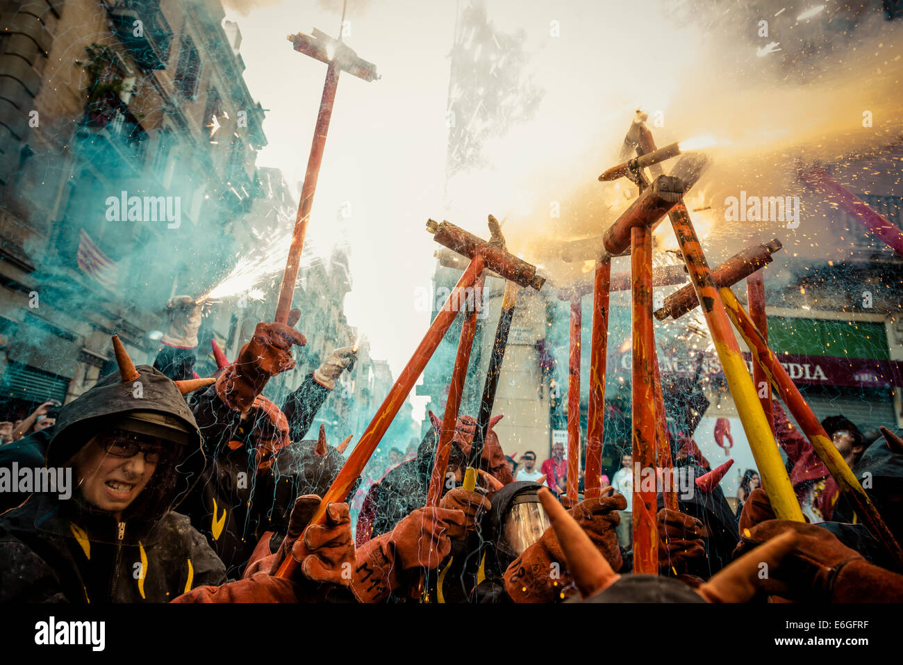 August 21st, 2014. Barcelona, Spain: Children in devil costumes gather ...