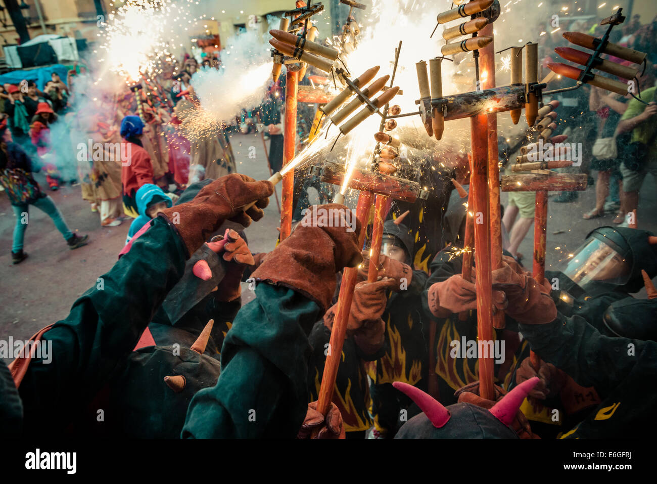 August 21st, 2014. Barcelona, Spain: Children in devil costumes gather ...