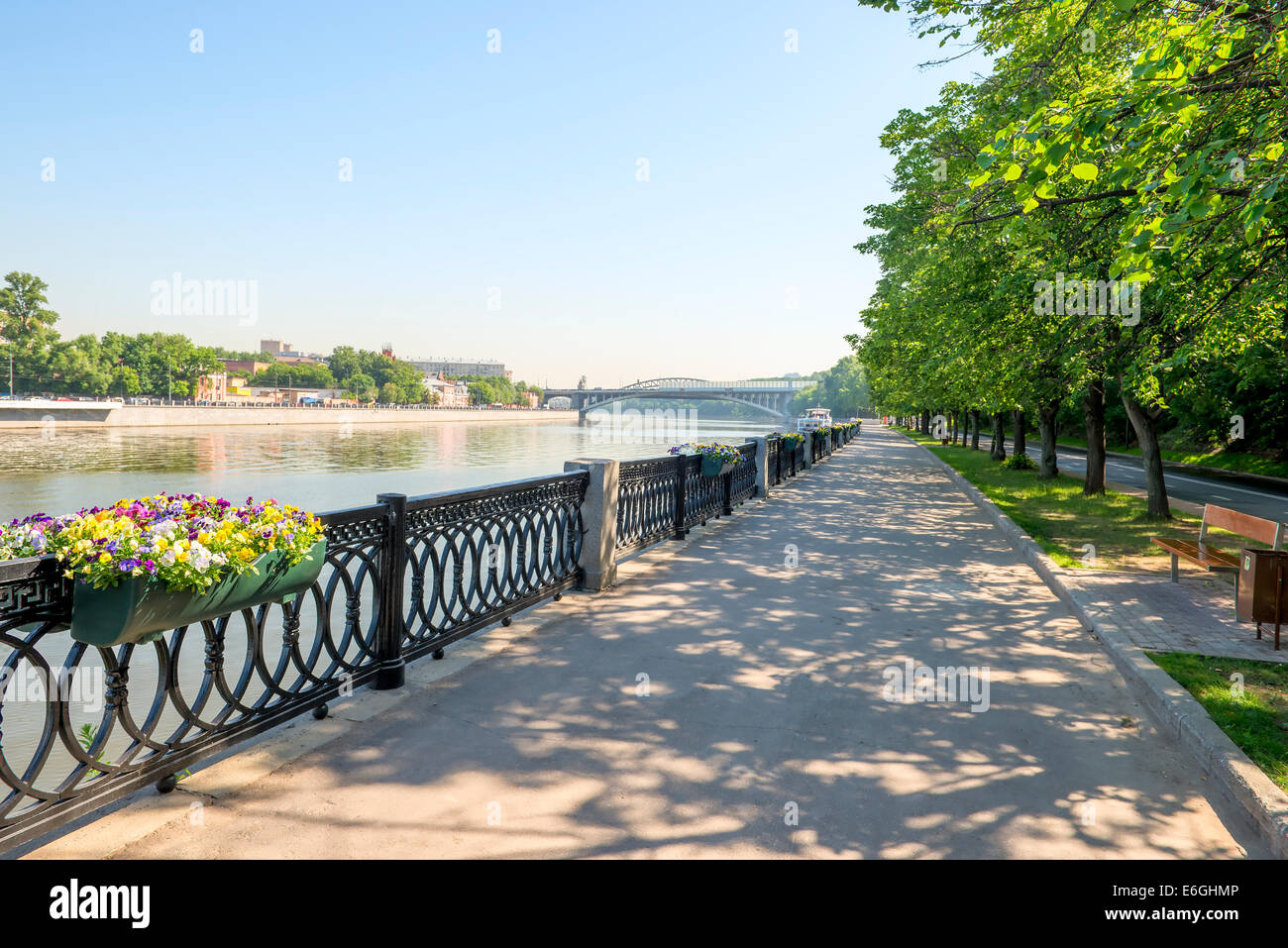 embankment of the Moscow River on a sunny summer morning Stock Photo ...