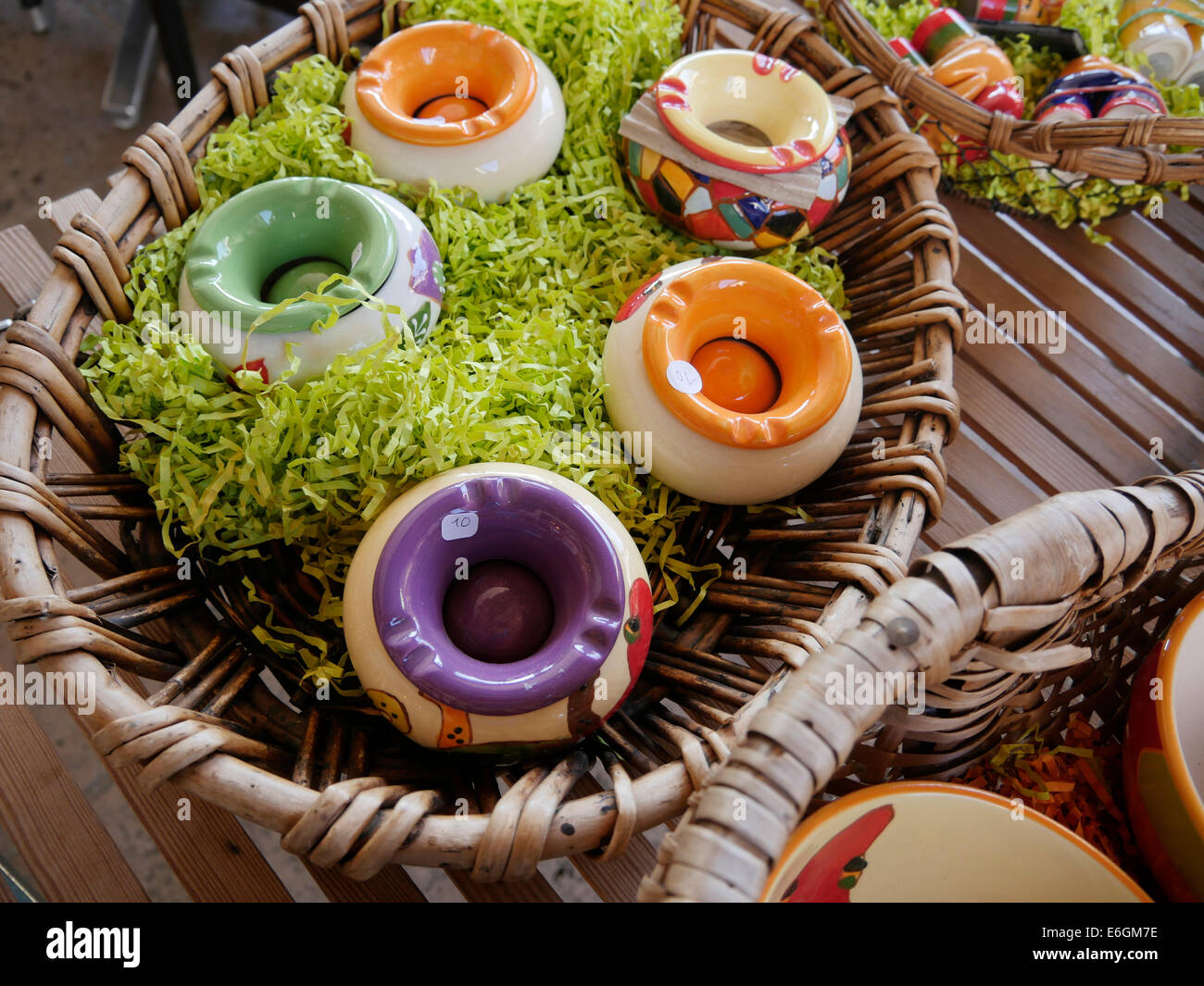 Colourful French pottery and stoneware on sale in the town of Mirepoix ...