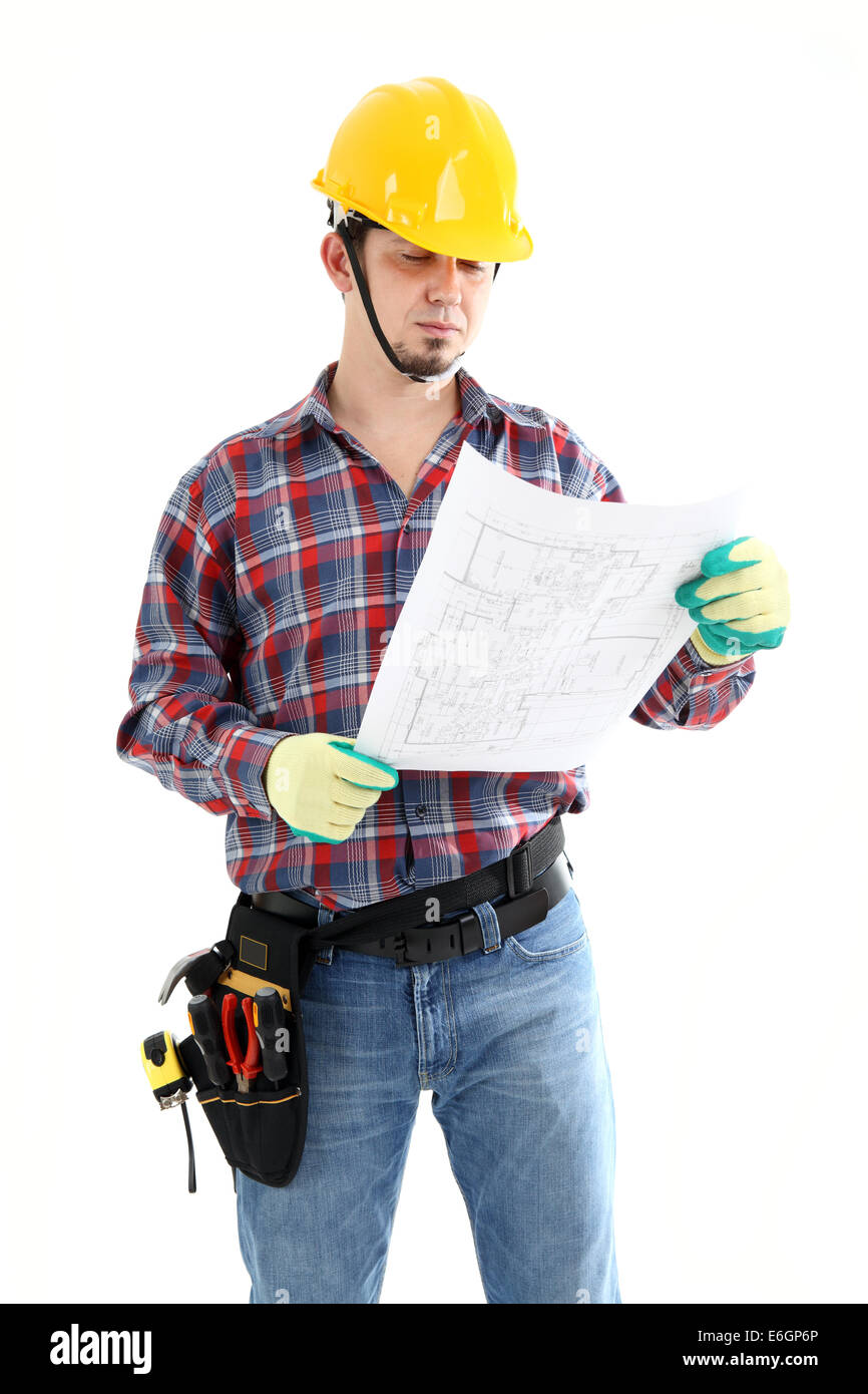 Contractor Examines Blueprint on the white background. Isolated on ...