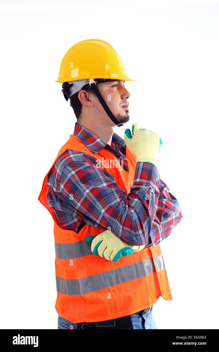 Construction Worker Thinking with reflective jacket on the white ...
