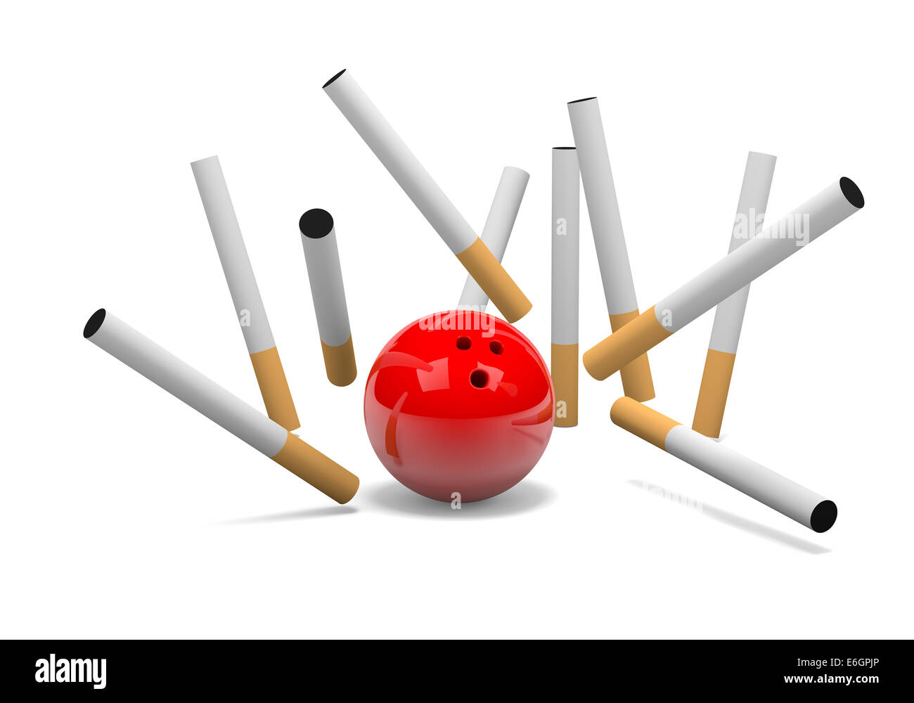 Strike Of Cigarette With Red Bowling Skittle Ball On White Background
