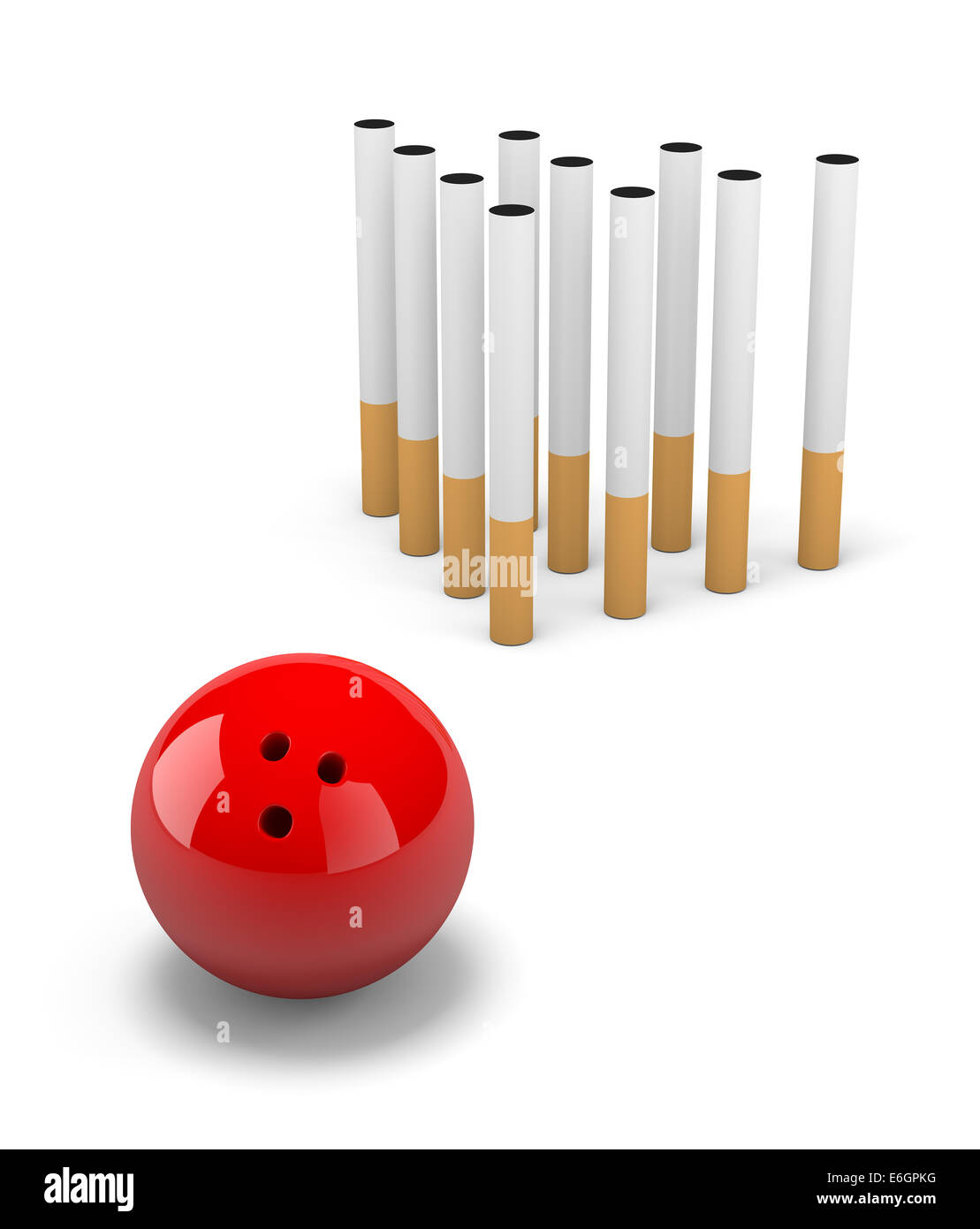 Group of Cigarette with Red Bowling Skittle Ball on White Background 3D ...