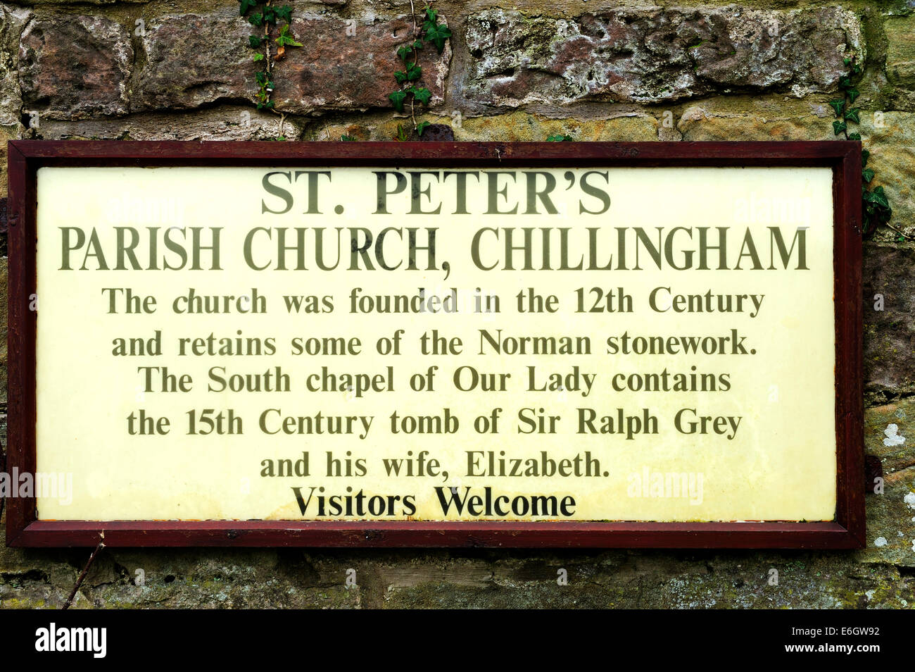Sign for St Peter's Parish Church, Chillingham, Northumberland, England ...