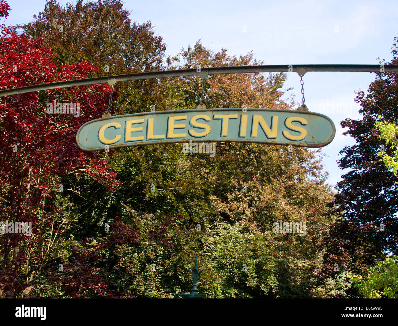 Sign showing the Celestins thermal spring, Vichy, France Stock Photo ...