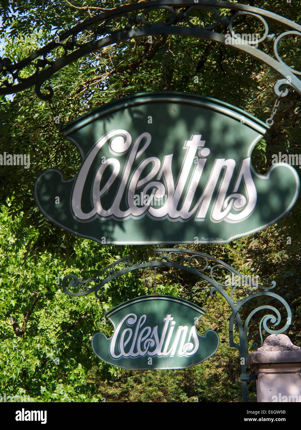 Sign showing the Celestins thermal spring, Vichy, France Stock Photo ...